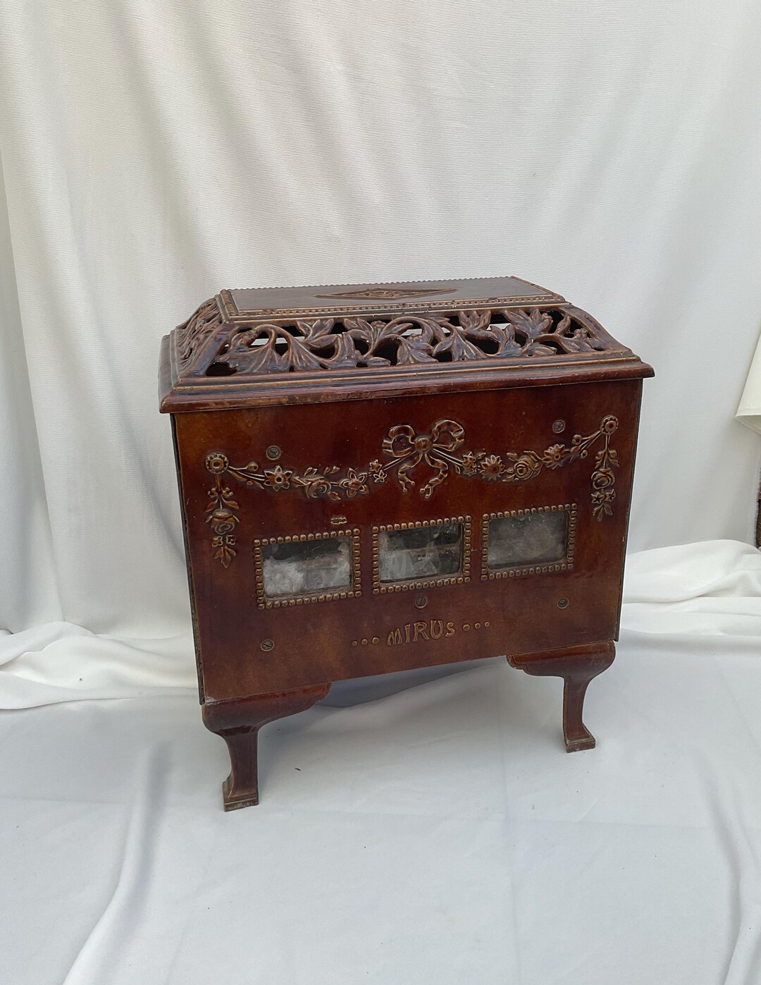 Early 20th Century French Mirus Wood Stove in Red Brown Enamel Ceramic ...