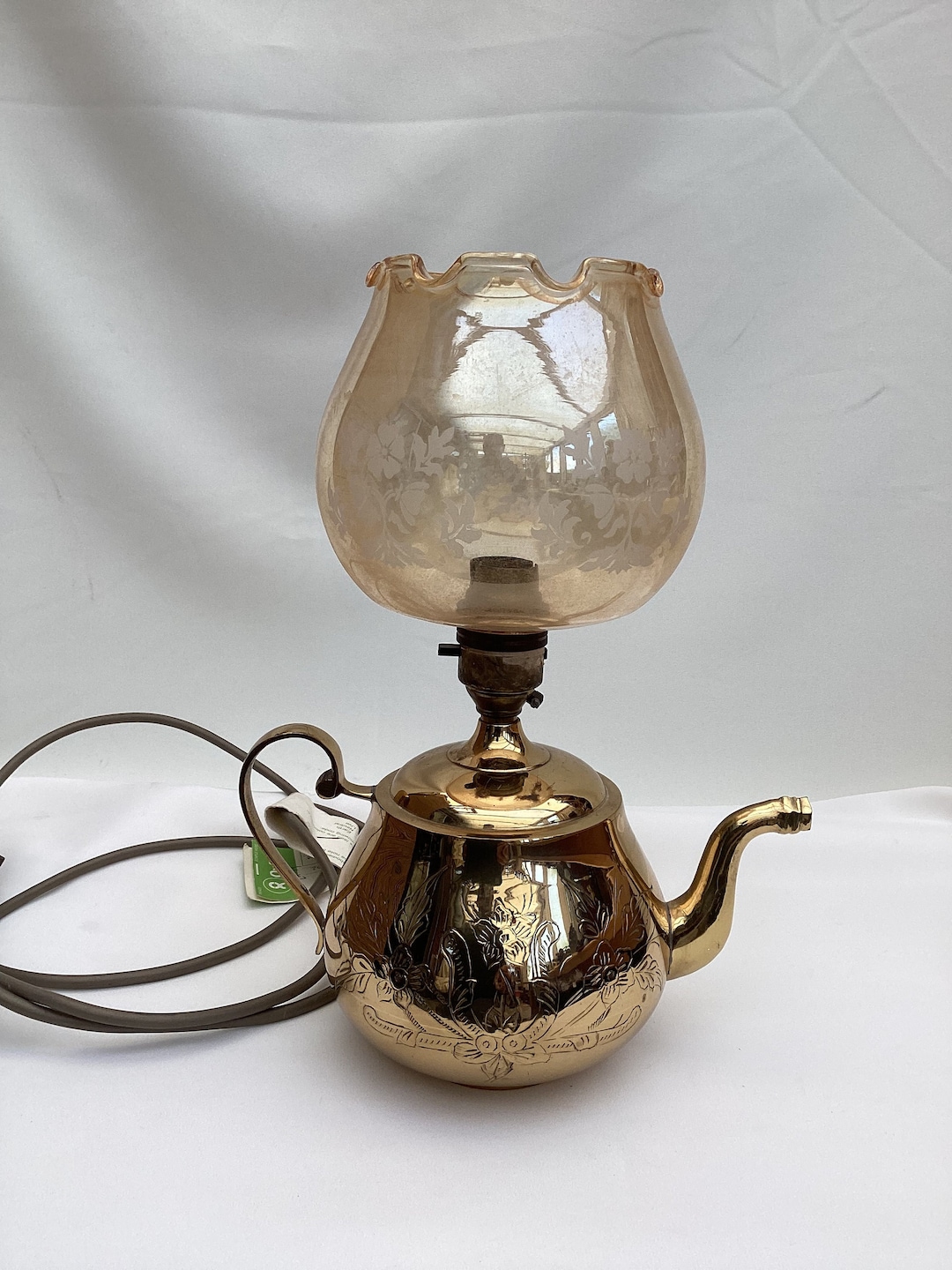 Early/mid Century Carved Brass Teapot Table Lamp With Artdeco Amber ...
