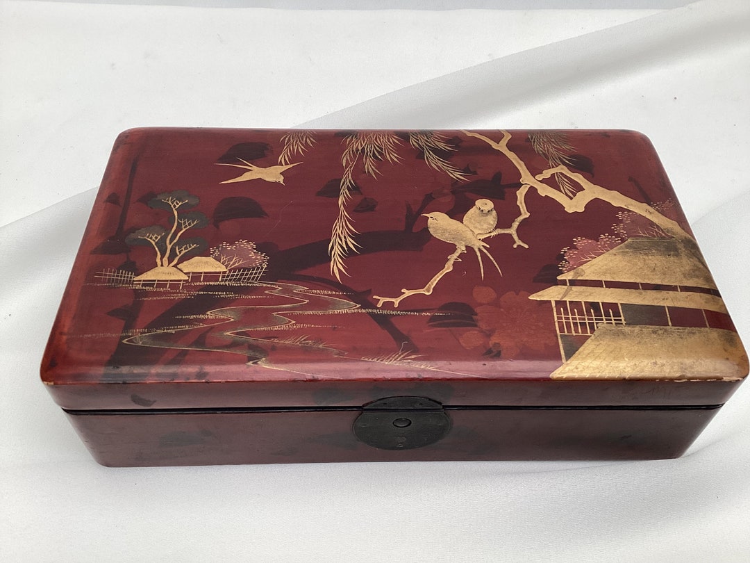 Antique Japanese Handcrafted Gold and Red Lacquer Box. Playing Cards ...