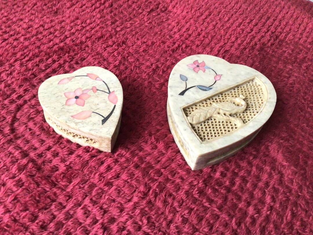 Set of Two Inlaid Soapstone Trinket Boxes, Jewellery Box. Large One L ...
