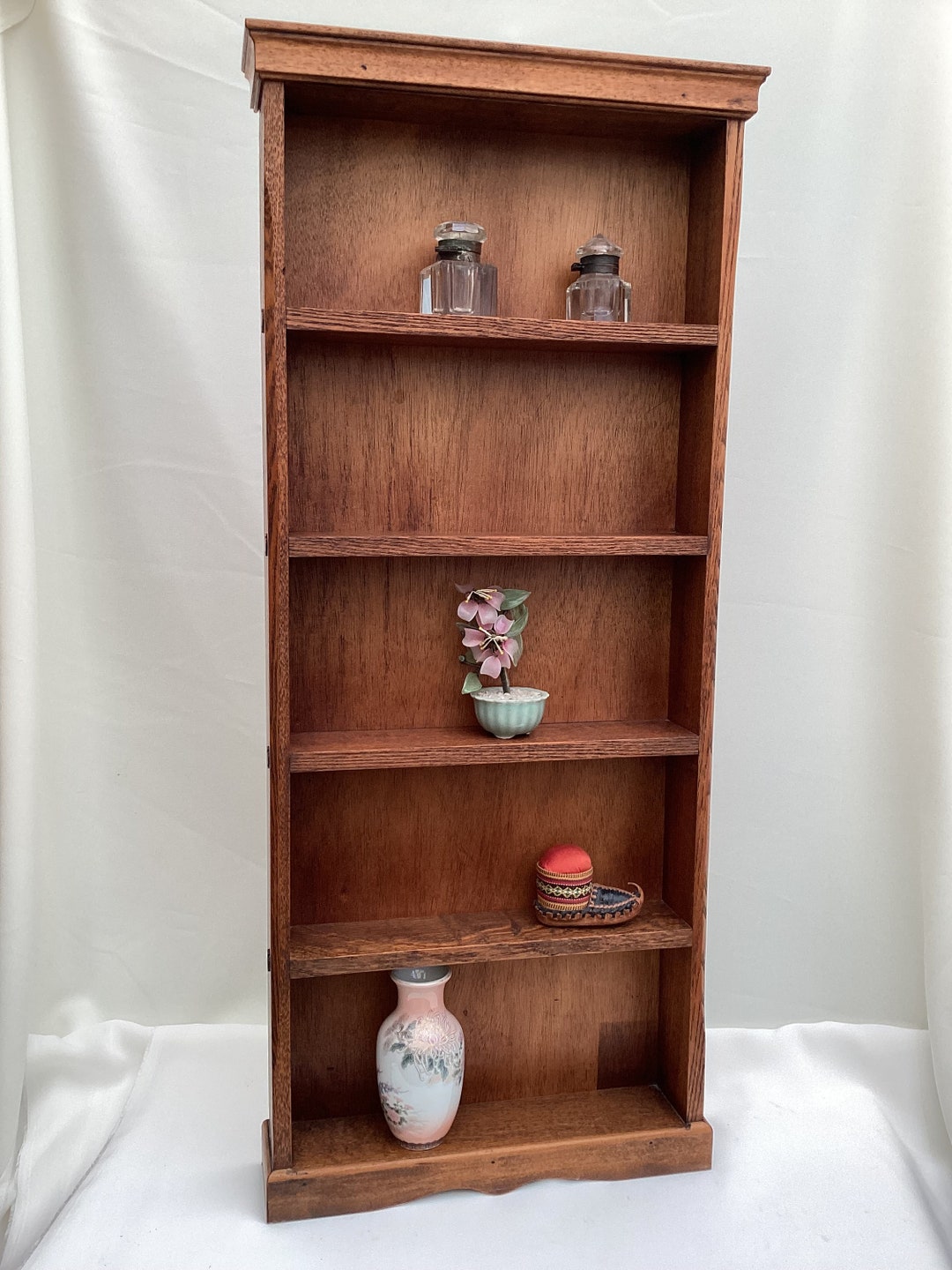 Tall Slim Oak Miniature Display Wall Hanging Shelf. H.82cm. 32 Inches ...