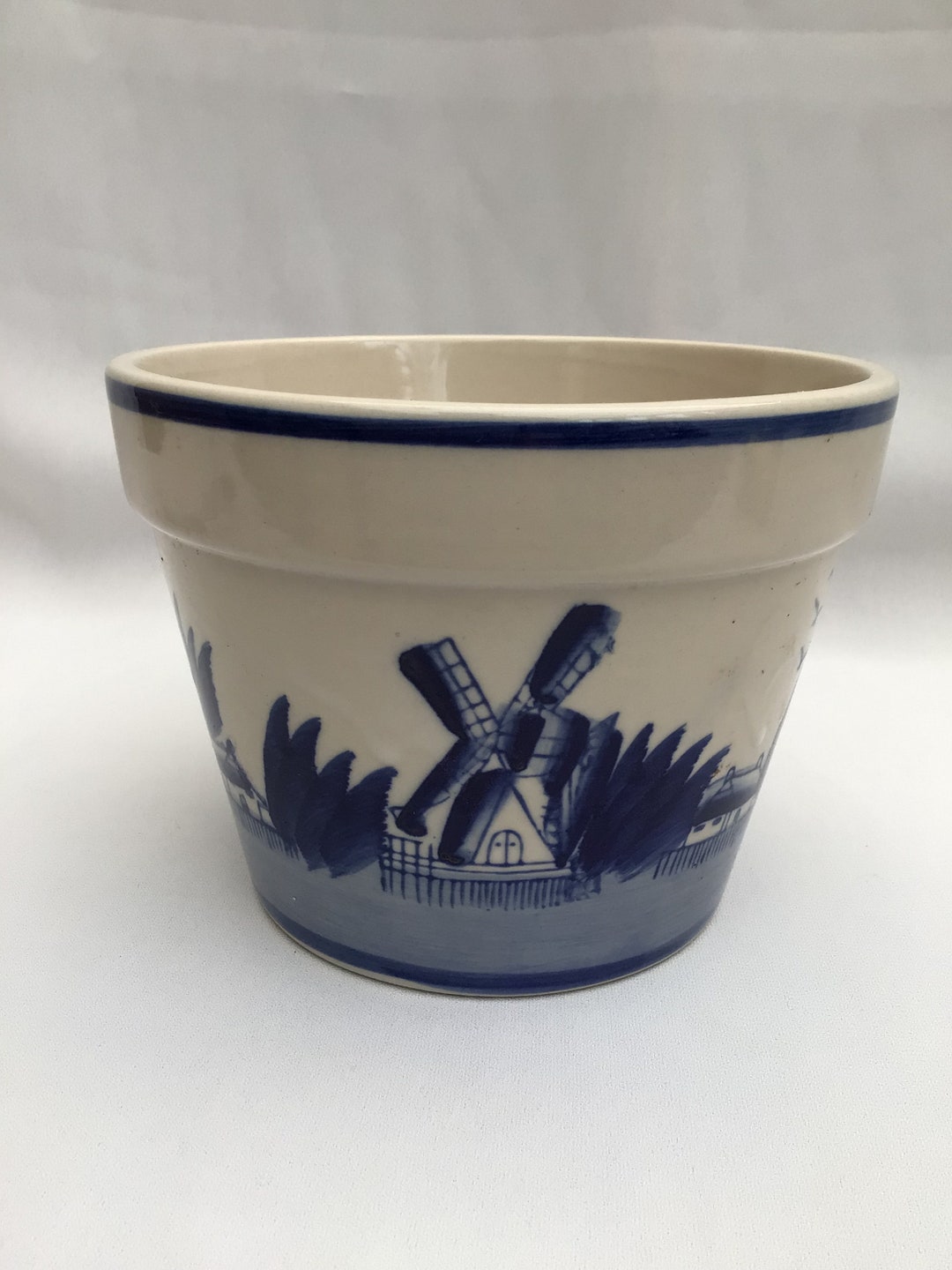 Vintage Hand Painted Windmill Blue and White Ceramic Planter Jardiniere ...