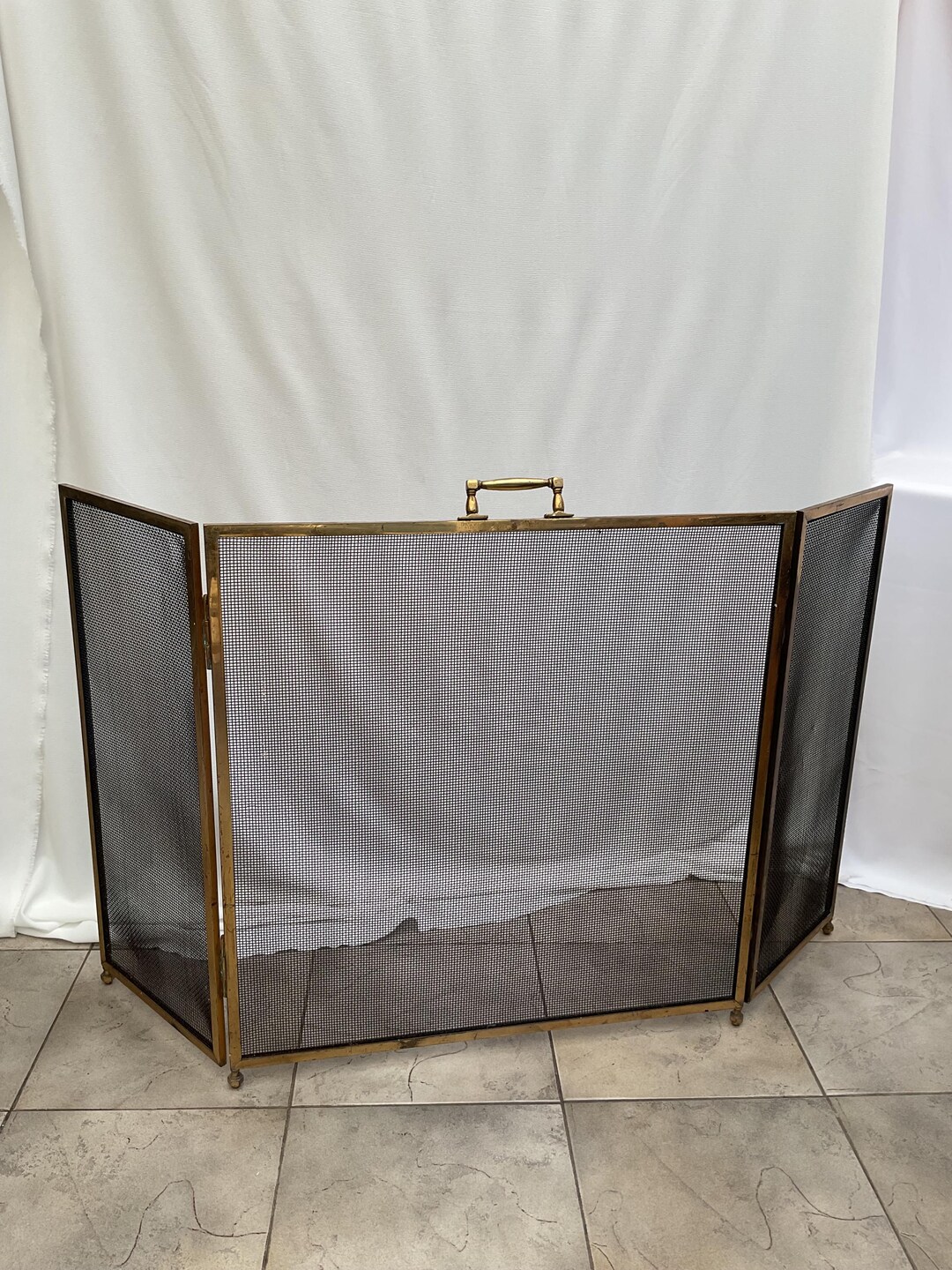 Middle Century Solid Brass and Wire Mesh Fire Screen. Fireplace Three ...
