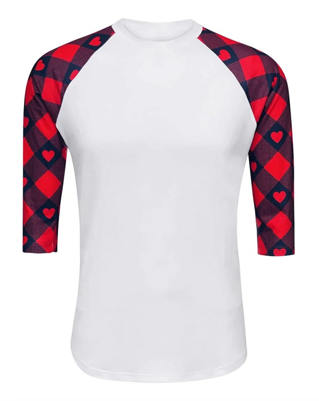 95% Polyester HEART Buffalo Plaid WHITE POLYESTER Baseball Raglan ...