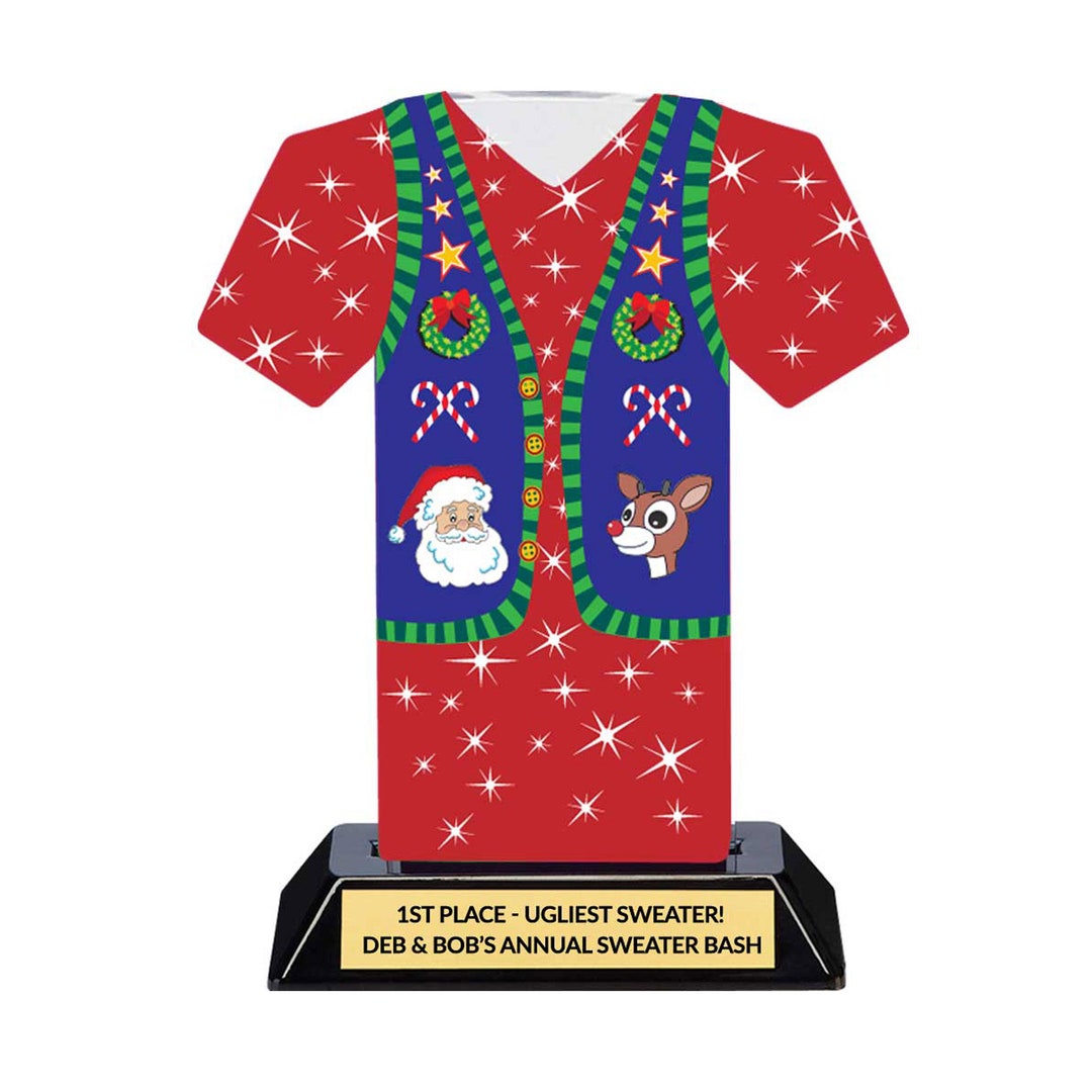 Ugly Christmas Sweater Trophy - Tacky Red Sweater Party Award - Custom ...