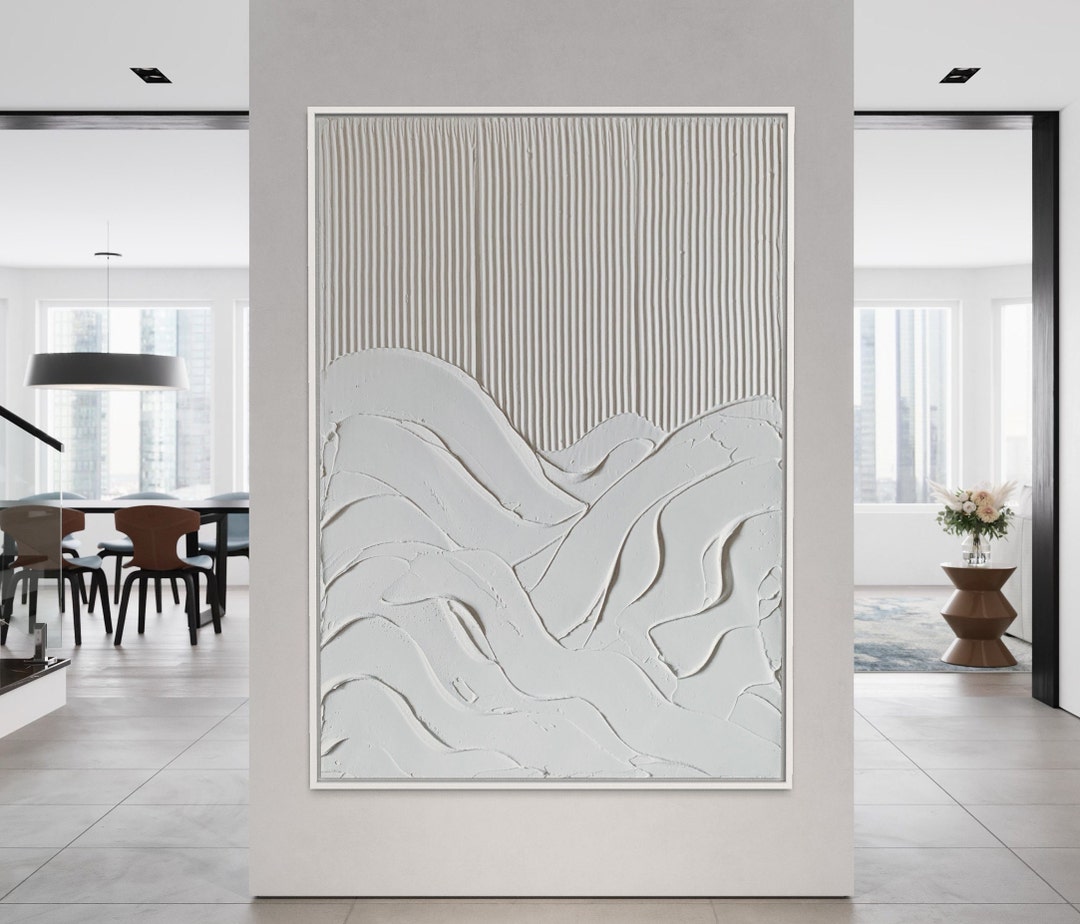 Large WAVES Minimalist Wall Art Plaster Art Matte White Textured Wall ...