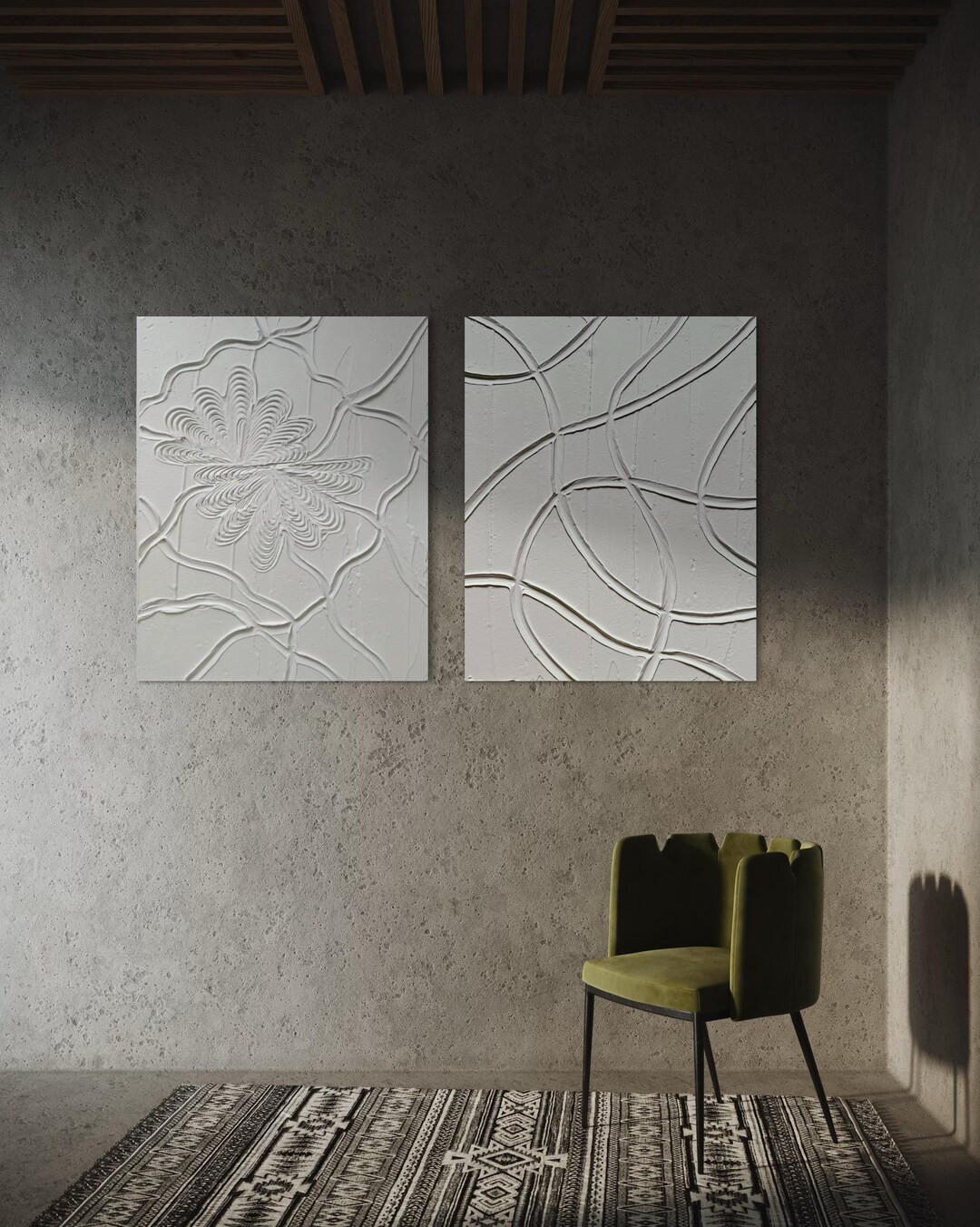 White Linear Minimalist Wall Art Set of 2 | Plaster Artworks | Textured ...