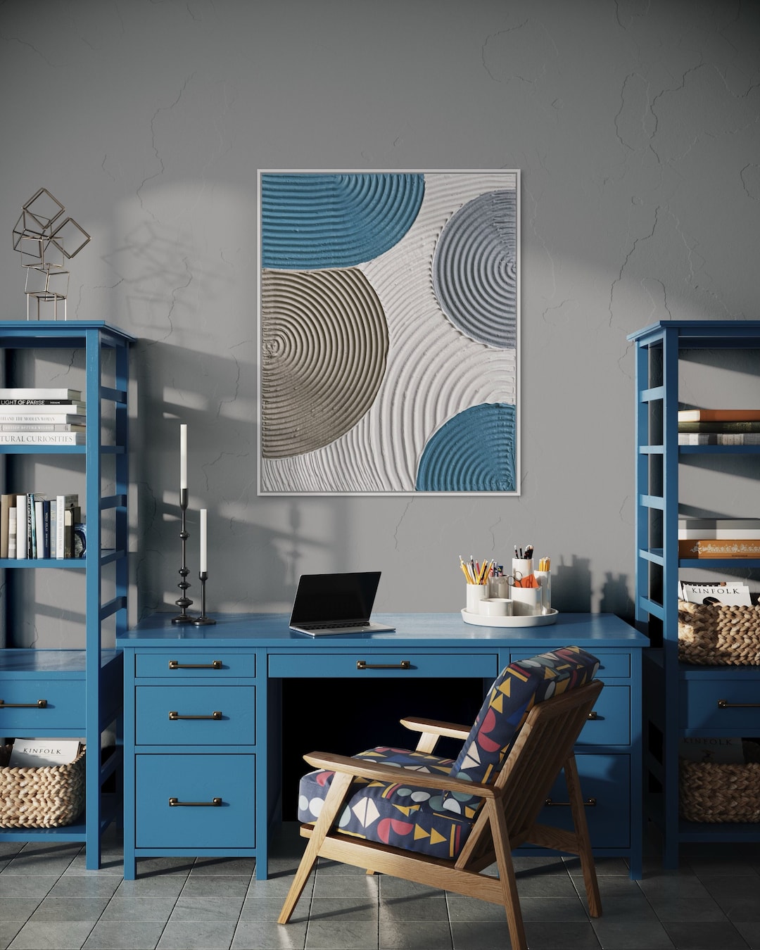 Blue Circles Minimalist Wall Art | Plaster Art | Matte Beige Textured ...