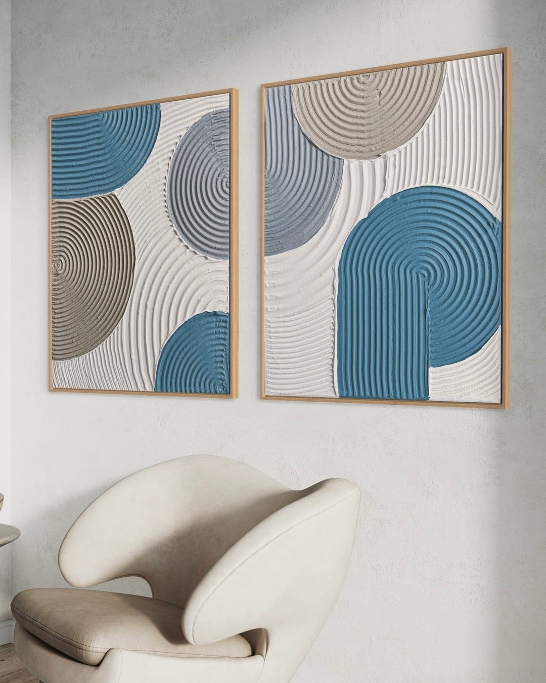 Blue Circles 3D Plaster Wall Art | Boho Textured Paintings Set - Etsy