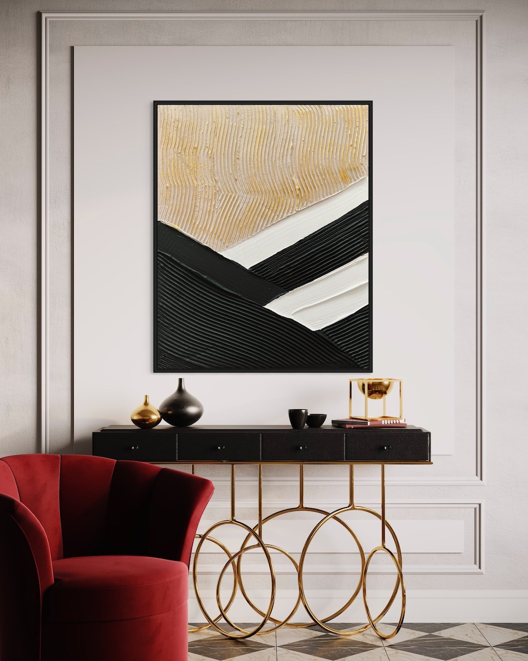 Large Golden Touch Minimalist Wall Artwork | Beige Plaster Art | Black ...