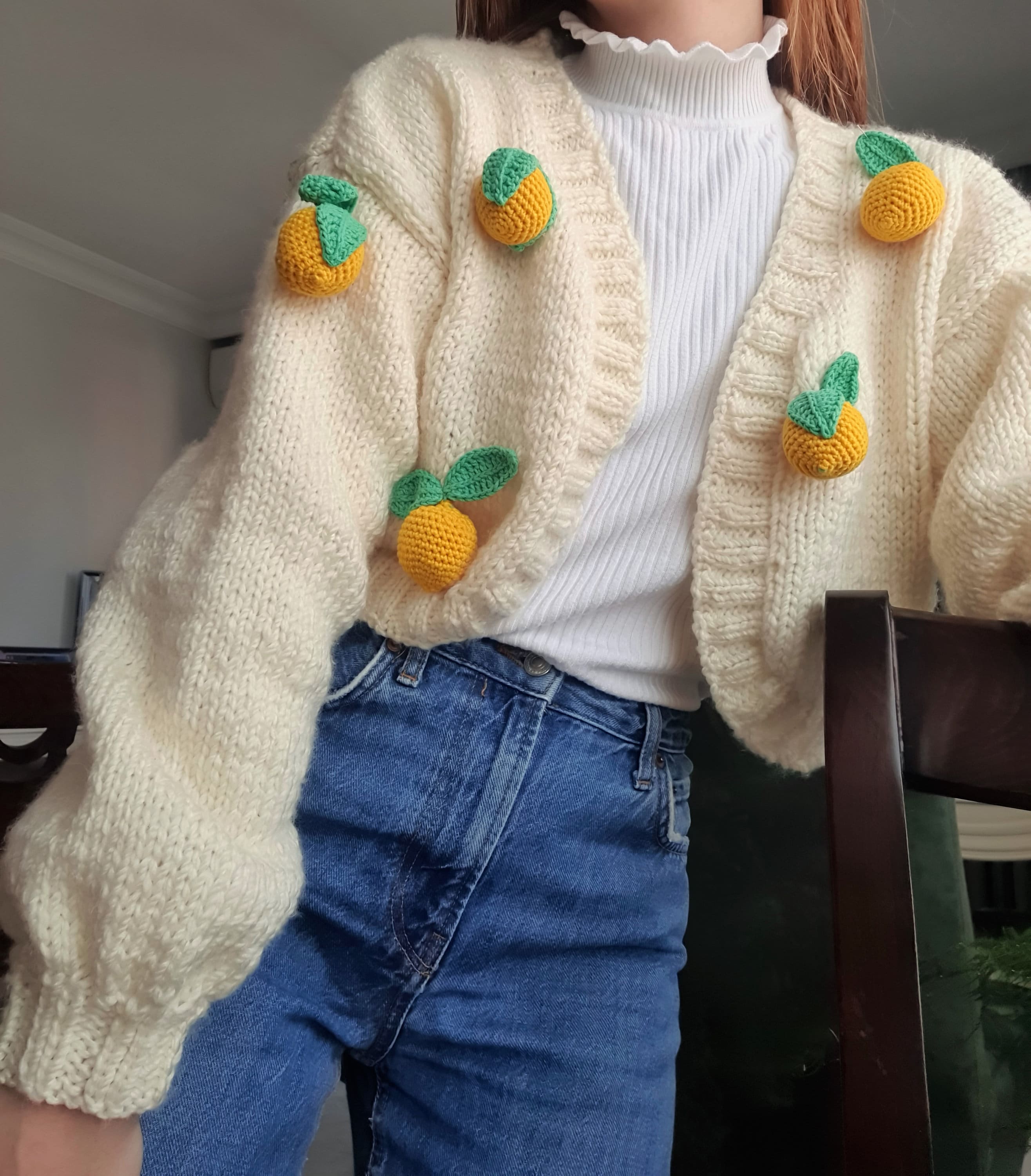 3D Lemon Embroidered Sweater Chunky Crop Cardigan Handmade - Etsy