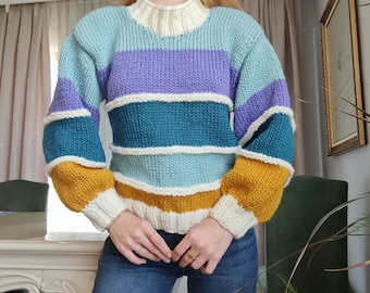 Colorful Striped Sweater, Crochet Sweater, Hand Knitted Warm Sweater ...