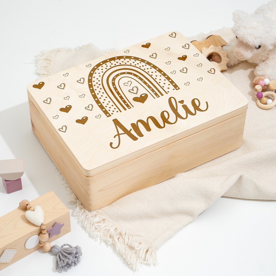 Personalized Wooden Memory Box With Rainbow Heart Motif Name Gift Idea ...