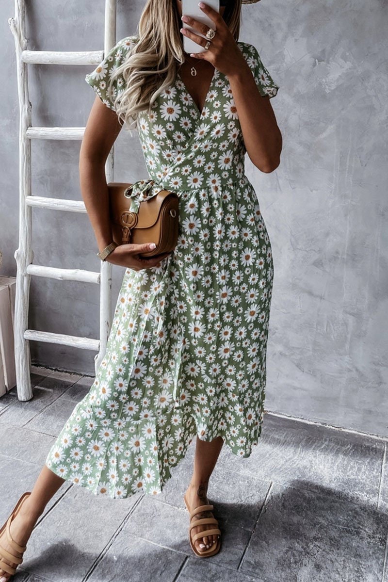 Daisy Flower Printed Short Sleeved V-neck Midi Dress-attractive Casual ...