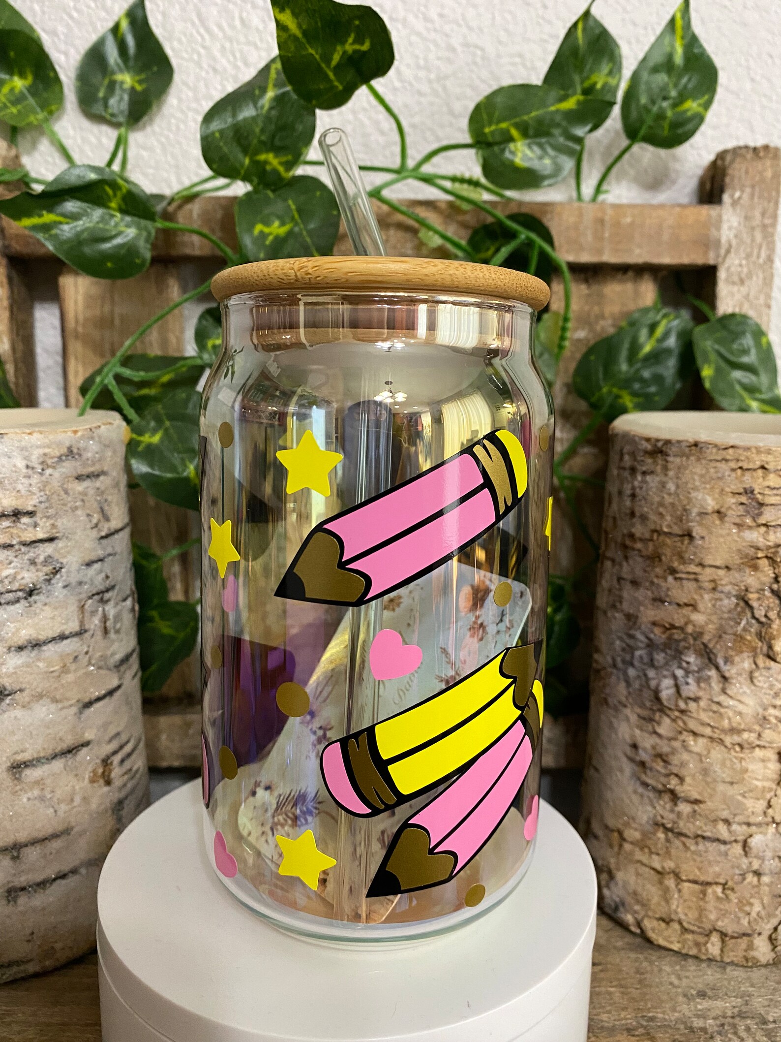 Teacher Inspired Pencil Iridescent Glass Beer Can With Bamboo Lid ...