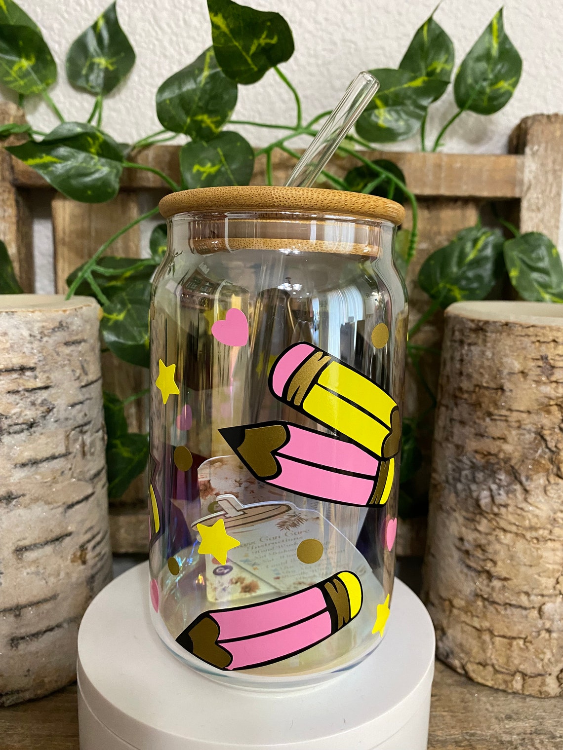 Teacher Inspired Pencil Iridescent Glass Beer Can With Bamboo Lid ...