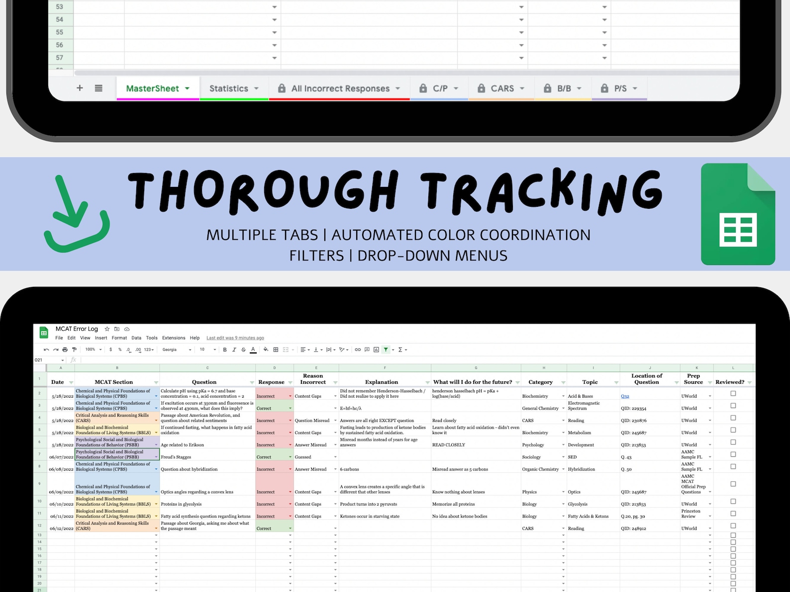 Ultimate MCAT Error Log, Google Sheets, Digital Study Tracker ...