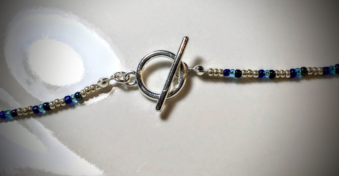 Electric Blue Key Pendant on 30 Inch Beaded Necklace in Silver and Blue ...