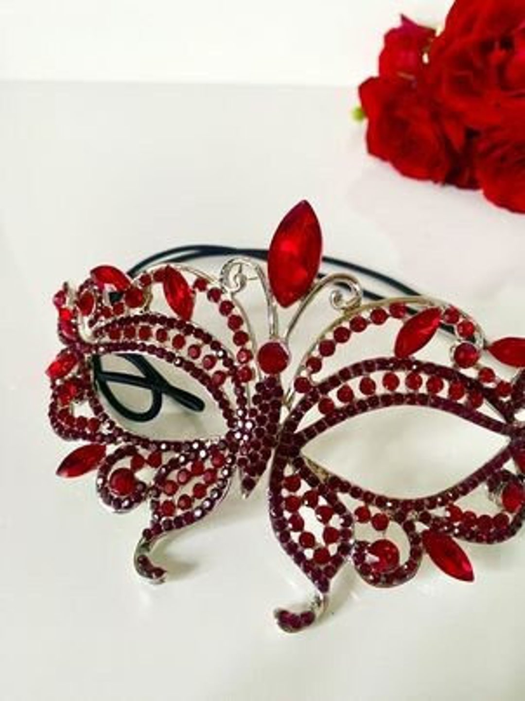EXCLUSIVE Red Jewelled MASQUERADE Mask Diamante BURLESQUE Party ...