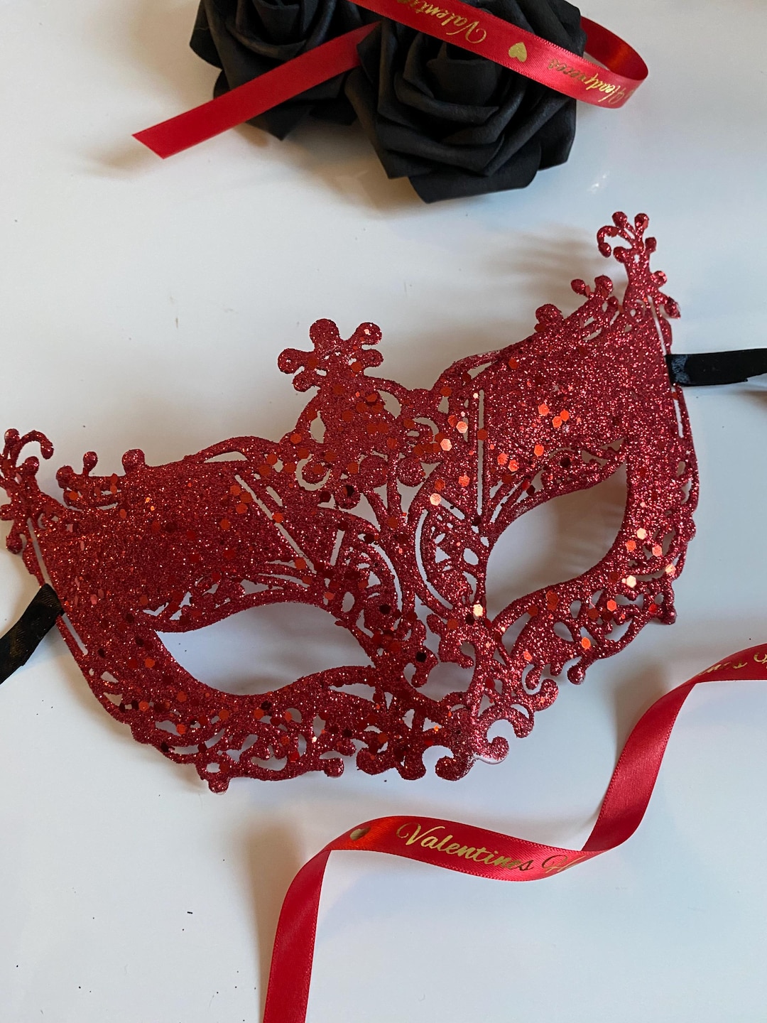 VALENTINES Red SPARKLE Venetian Eye MASK Glitter Veil Mask Masquerade ...