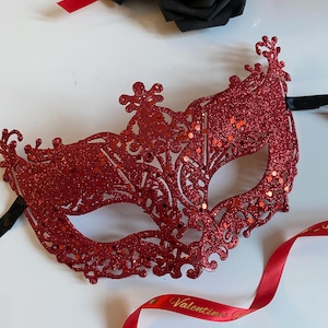 VALENTINES Red SPARKLE Venetian Eye MASK Glitter Veil Mask Masquerade ...