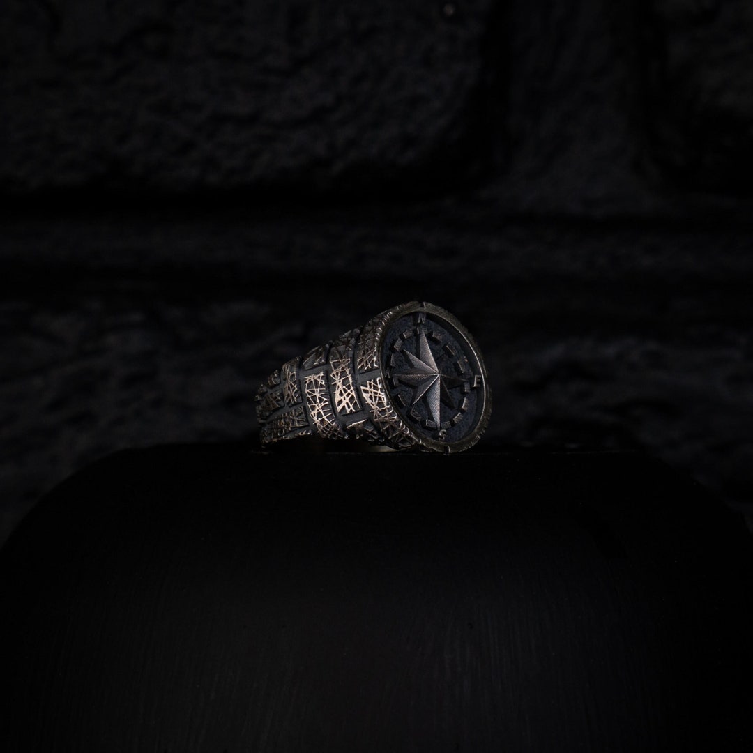 North Star Men's Compass Ring, Silver Compass Engraved Ring Nautical Silver Ring Scandinavian ...