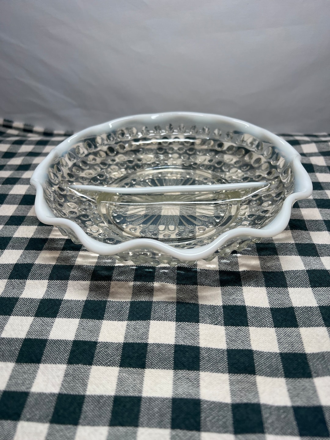 Fenton Anchor Hocking Moonstone Opalescent Hobnail Divided Ruffled Dish ...