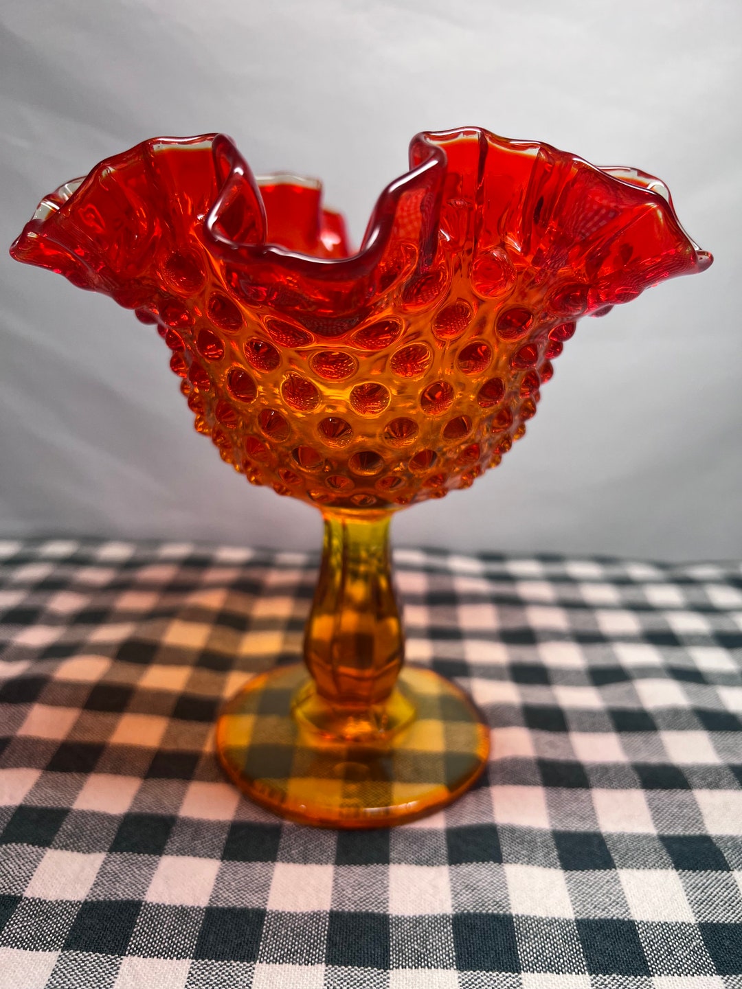 Vintage Fenton Hobnail Amberina Ruffled Edge Pedestal Dish - Etsy
