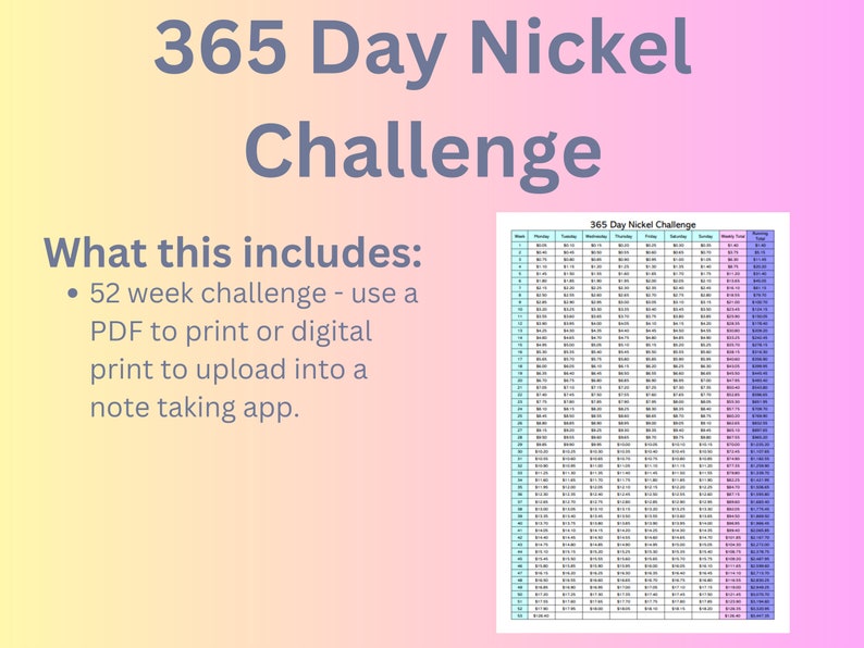 365 Day 52 Week 1 Year PDF Downloadable Nickel Challenge 3000 - Etsy