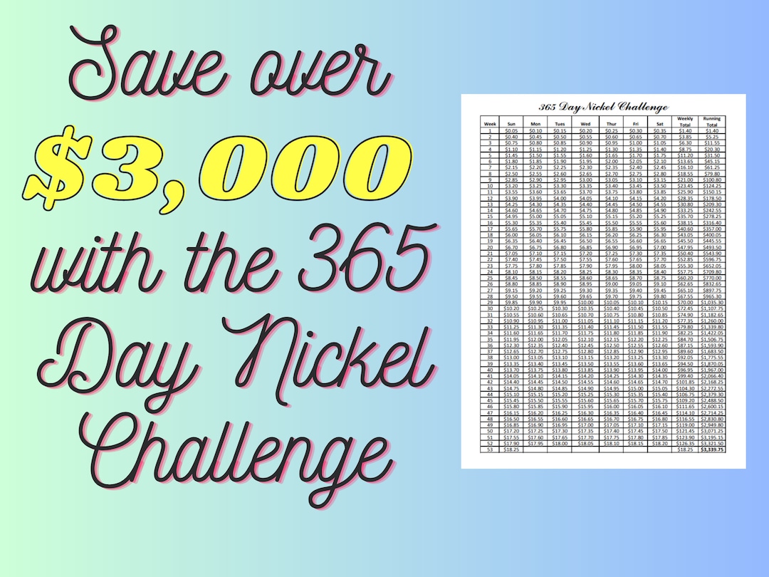 365 Day 52 Week 1 Year PDF Downloadable Nickel Challenge 3,000 Savings ...