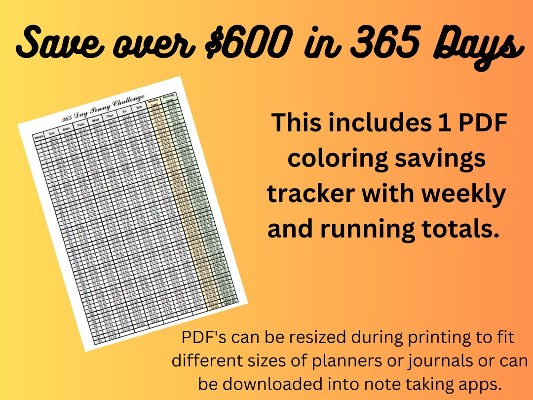 365 Day 52 Week 1 Year PDF Downloadable Color Penny Challenge - Etsy
