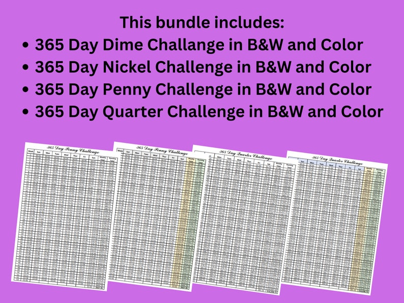 365 Day 52 Week 1 Year Downloadable PDF Nickel Dime Penny Quarter ...