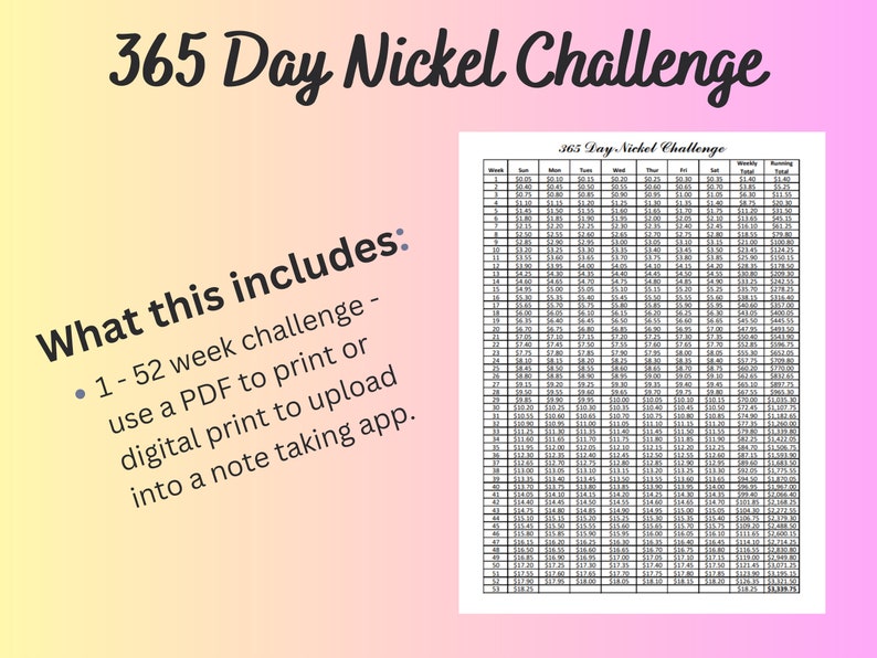365 Day 52 Week 1 Year PDF Downloadable Nickel Challenge 3,000 Savings ...