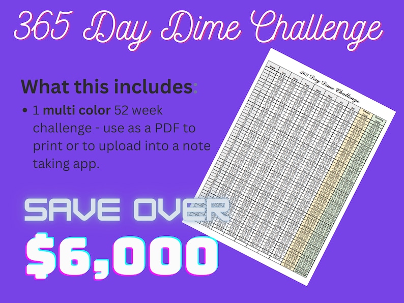 365 Day 52 Week 1 Year PDF Downloadable Dime Challenge Savings Tracker ...