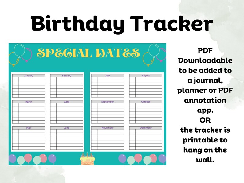 Birthday Planner Printable Tracker Birthday Calendar Wall Hanging ...
