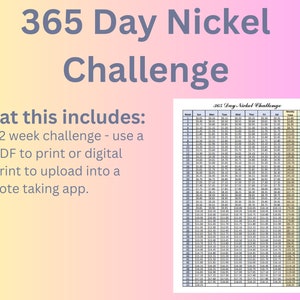 365 Day 52 Week 1 Year PDF Downloadable Nickel Challenge 3,000 Savings ...