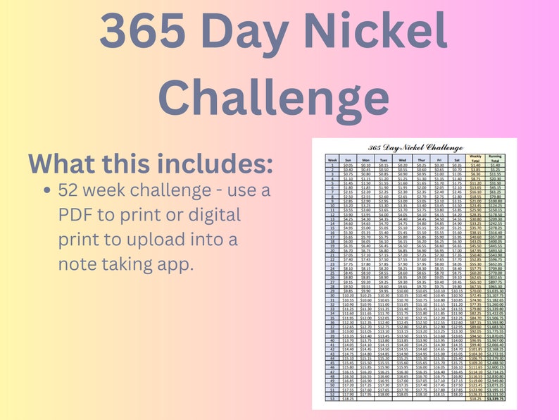 365 Day 52 Week 1 Year PDF Downloadable Nickel Challenge 3,000 Savings ...