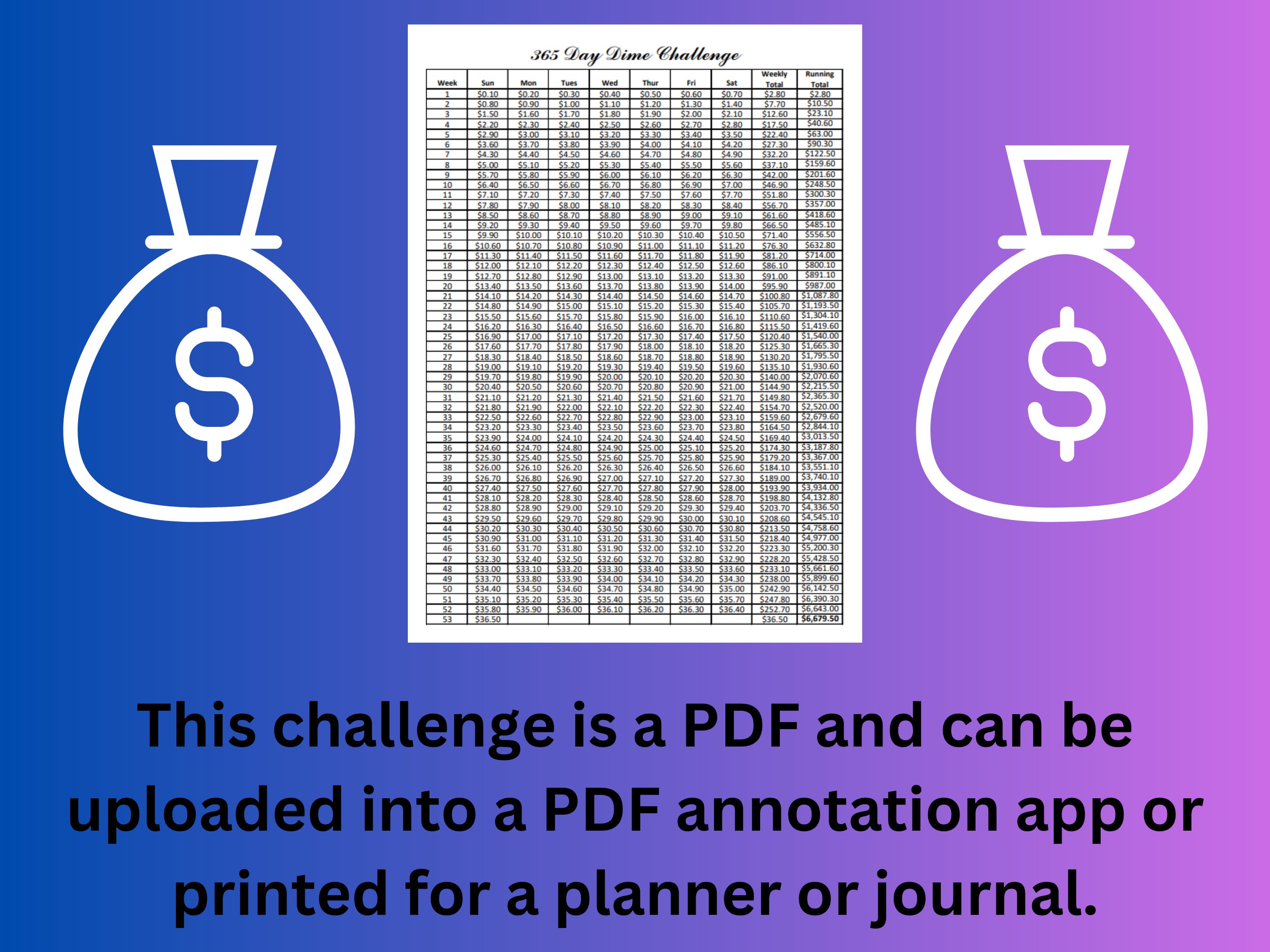 365 Day 52 Week 1 Year PDF Downloadable Dime Challenge Savings Tracker ...
