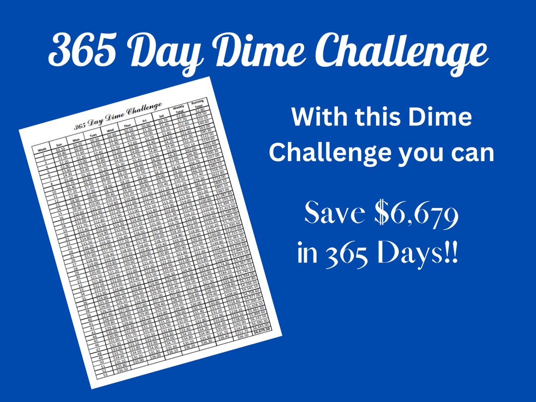 365 Day 52 Week 1 Year PDF Downloadable Dime Challenge Savings Tracker ...