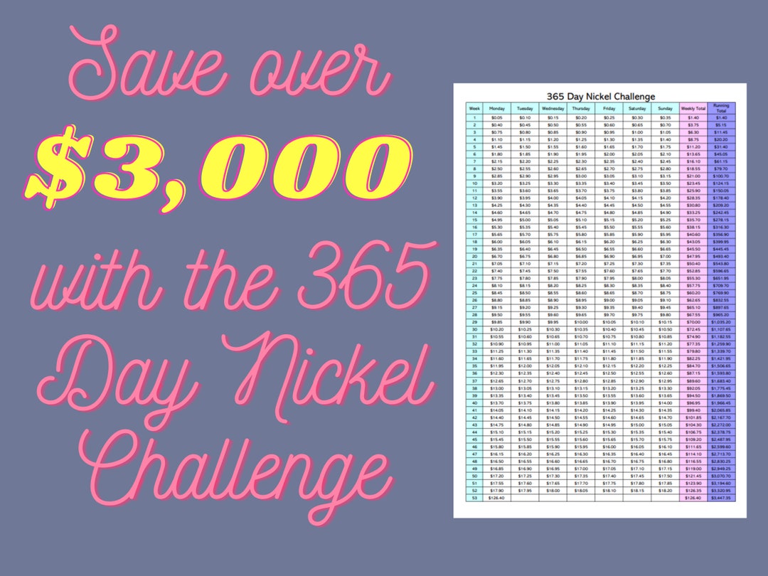 365 Day 52 Week 1 Year PDF Downloadable Nickel Challenge 3000 - Etsy