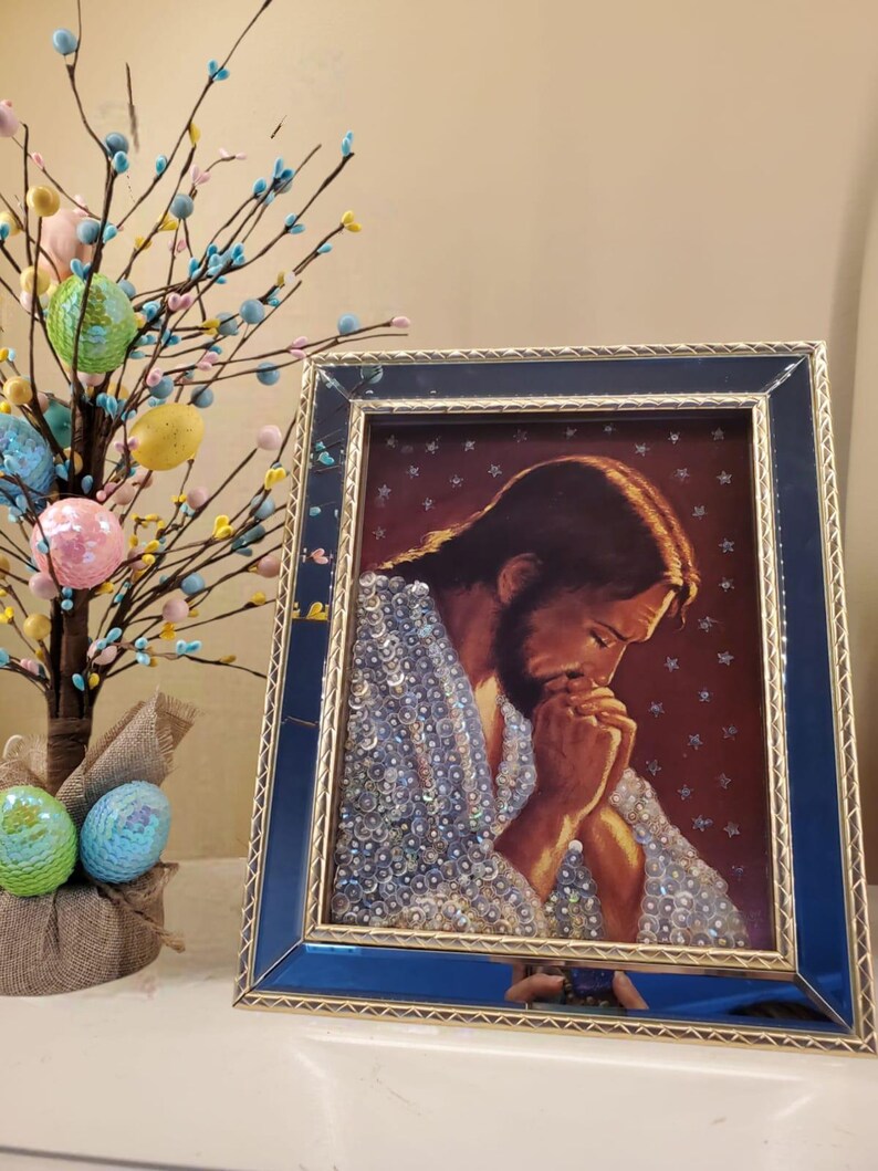 Hand-beaded Jesus Christ Artwork in Gold and Mirror Frame – Religious ...