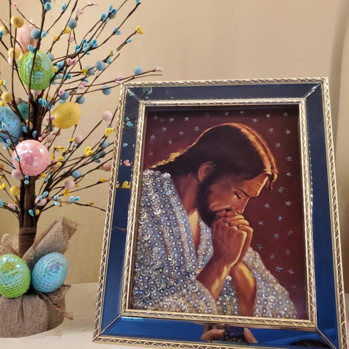 Hand-beaded Jesus Christ Artwork in Gold and Mirror Frame – Religious ...