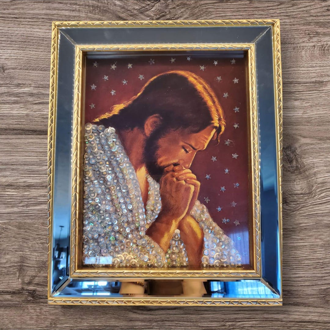 Hand-beaded Jesus Christ Artwork in Gold and Mirror Frame – Religious ...