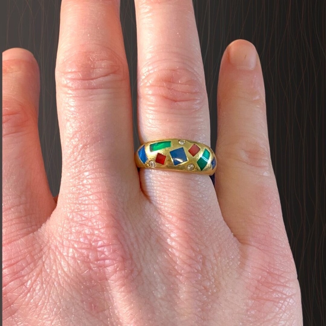 18k Yellow Gold Vintage Donut Ring With Diamonds and Multi-colored ...