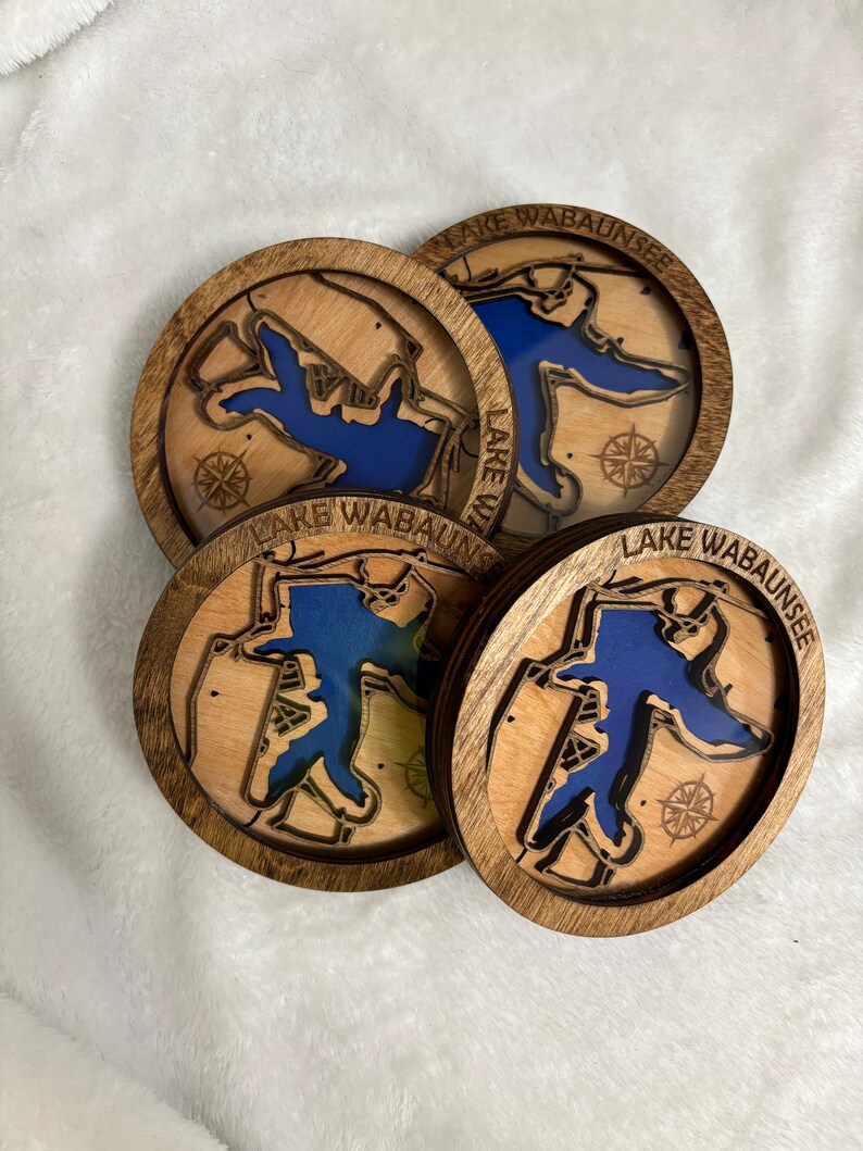 4.5" Custom Wood Cut Map Coasters 4 Pk | Pick Your Location | Lakehouse ...