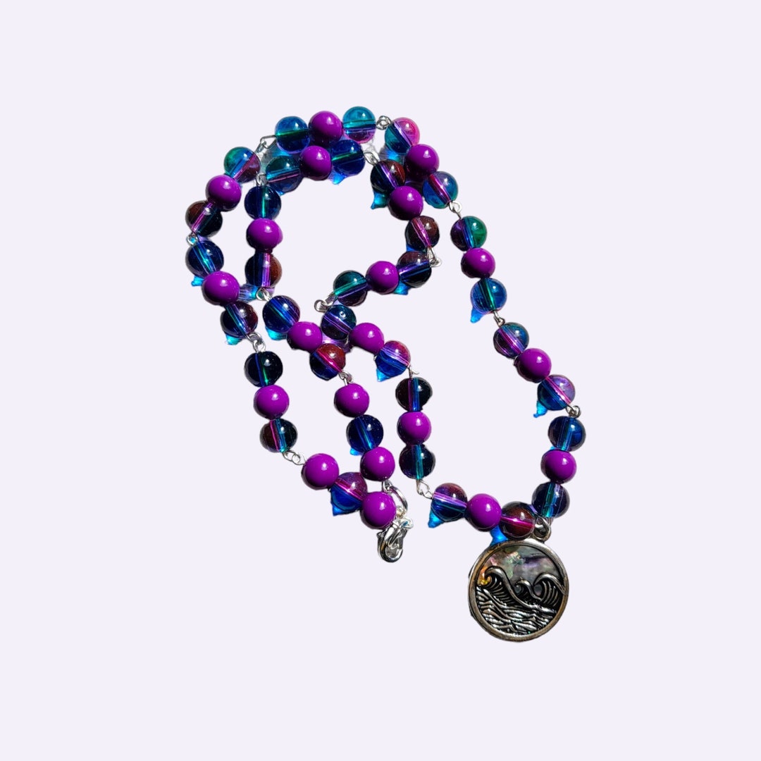 Blue and Purple Ocean Pendant Beaded Necklace, Ocean Waves Necklace ...