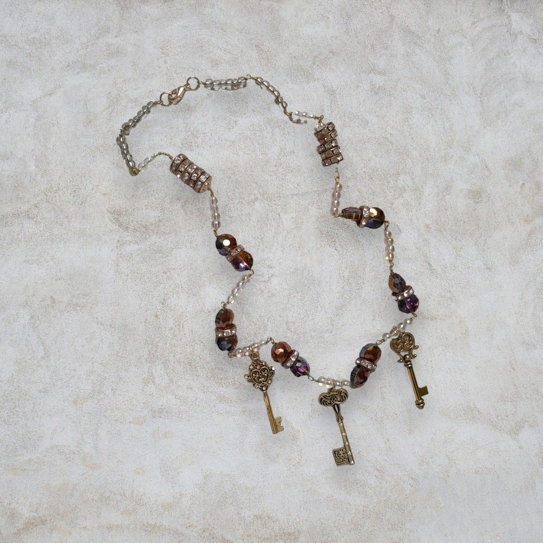 Key Pendant Necklace, Glass and Metal Beaded Key Pendant Necklace ...