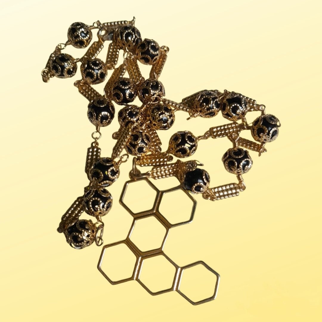 Honeycomb Necklace, Honey Bee Jewelry, Black and Gold Bee Honeycomb ...