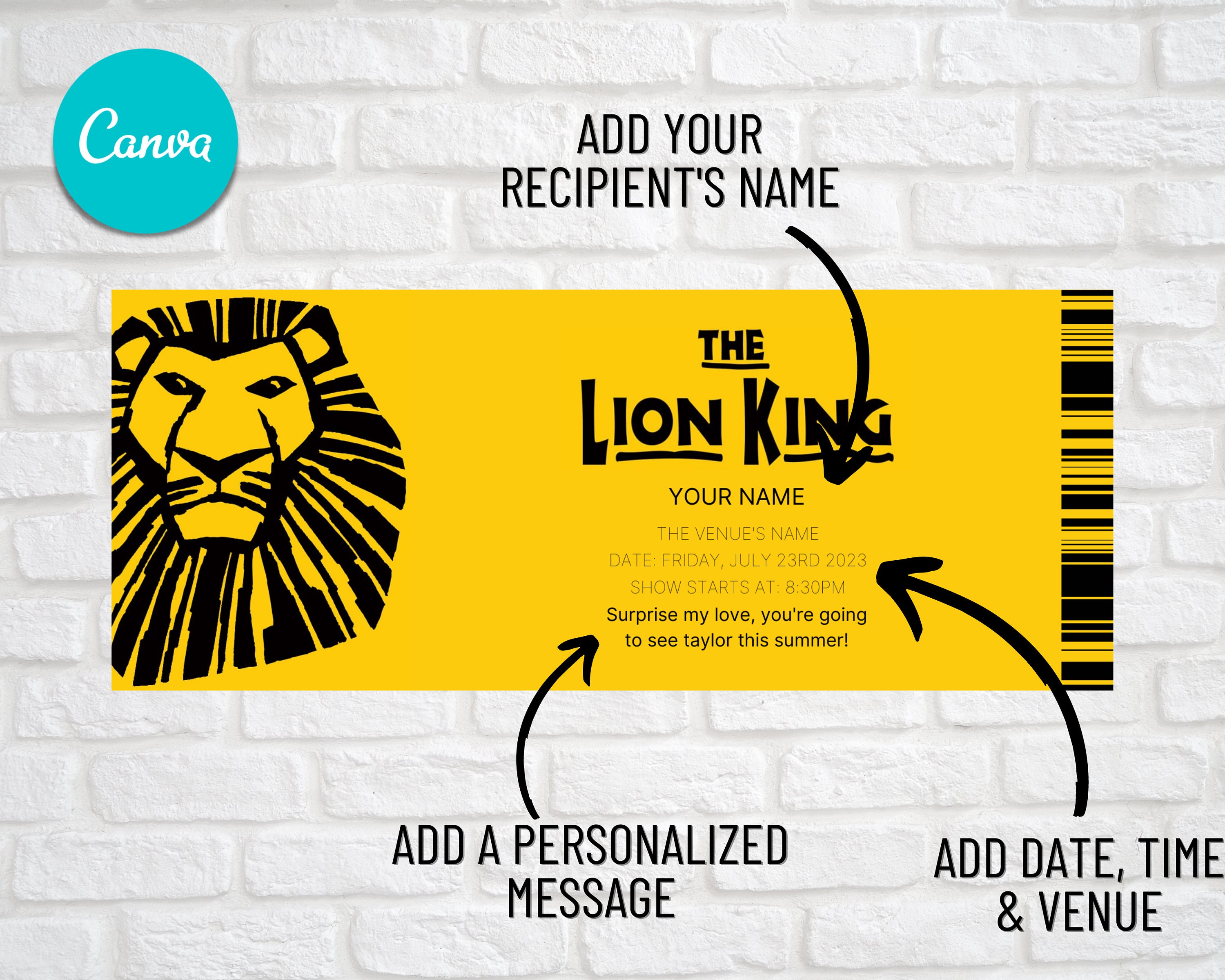 The LION KING Ticket, Editable Musical Ticket, Custom Faux Event ...