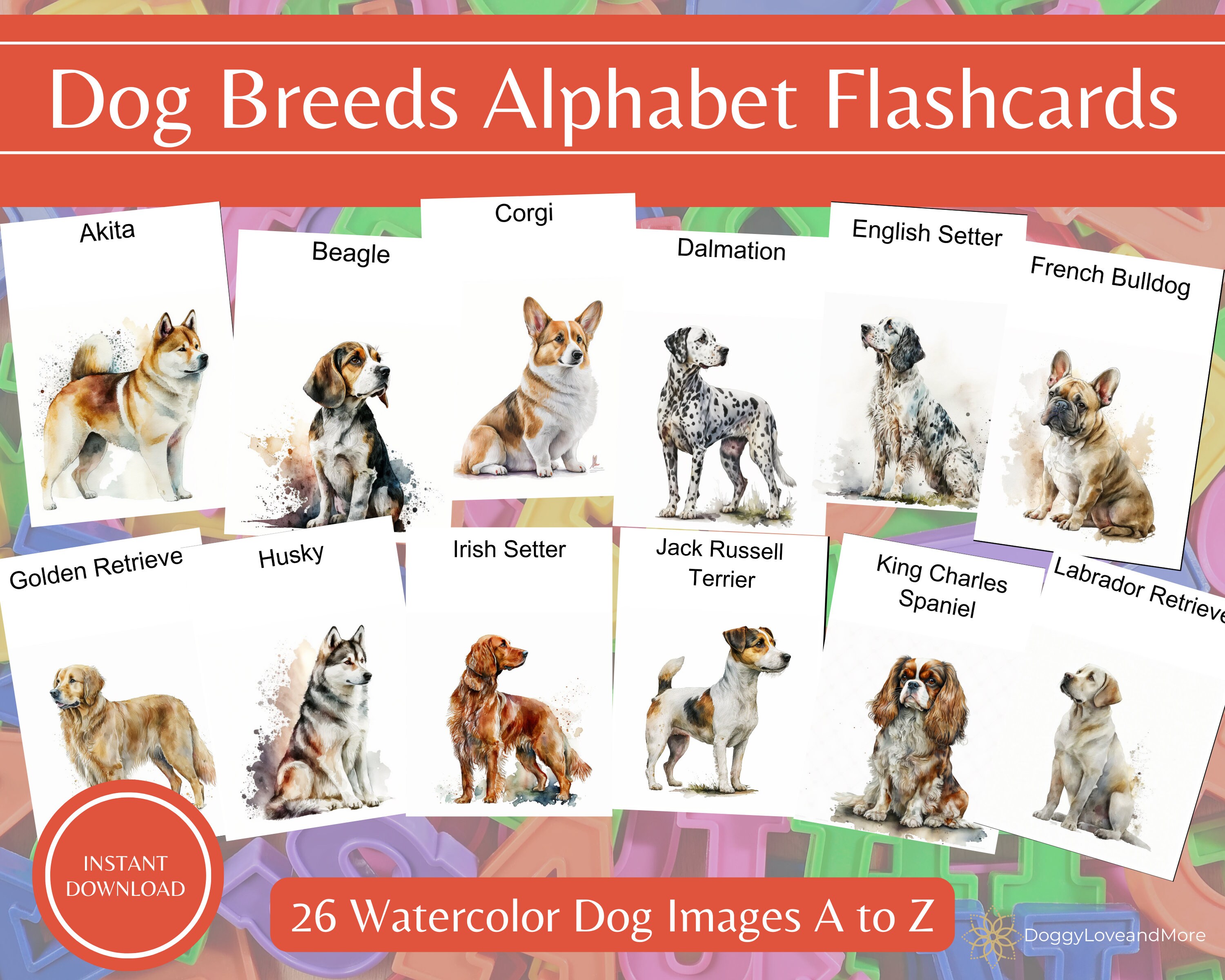 Dog Breeds Flash Cards Letters A to Z Clippable Flashcard Montessori 3 ...